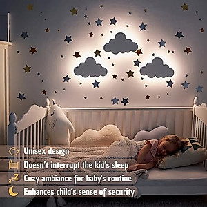 KALEOLI Nursery Cloud Light (Pack of 1) - 68 Star Wall Decals - Rechargeable (no Cord) - Baby Room Decor - Cloud Lights for Bedroom - Floating Cloud Lamp for Bedroom - Adjustable Dimmer - Timer