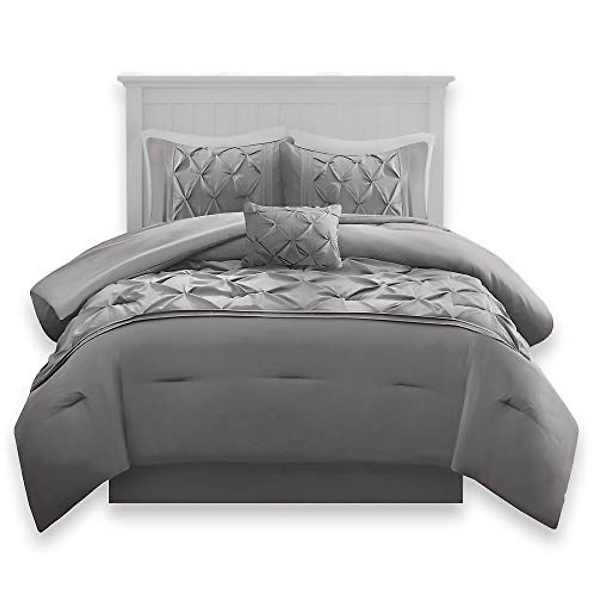 Comfort Spaces Cavoy Comforter Set - Luxe Diamond Tufting, All Season Bedding, Matching Bed Skirt, Decorative Pillows, Queen, Faux Silk Gray 5 Piece