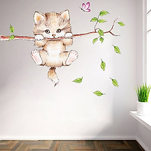 Woodland Arts Wland 28 inches x 22 inches Cartoon Cute Cat on The Tree Branches Wall Decals Wall Stickers Decor Girls Bedroom Decal Kids Nursery Sticker Bathroom Playroom