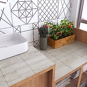 VEELIKE Travertine Peel and Stick Floor Tile - Waterproof Beige Vinyl 12''x12'' 4 Pack - Marble Stick-On Laminate for Bathroom Kitchen - Adhesive Temporary Flooring for Renters