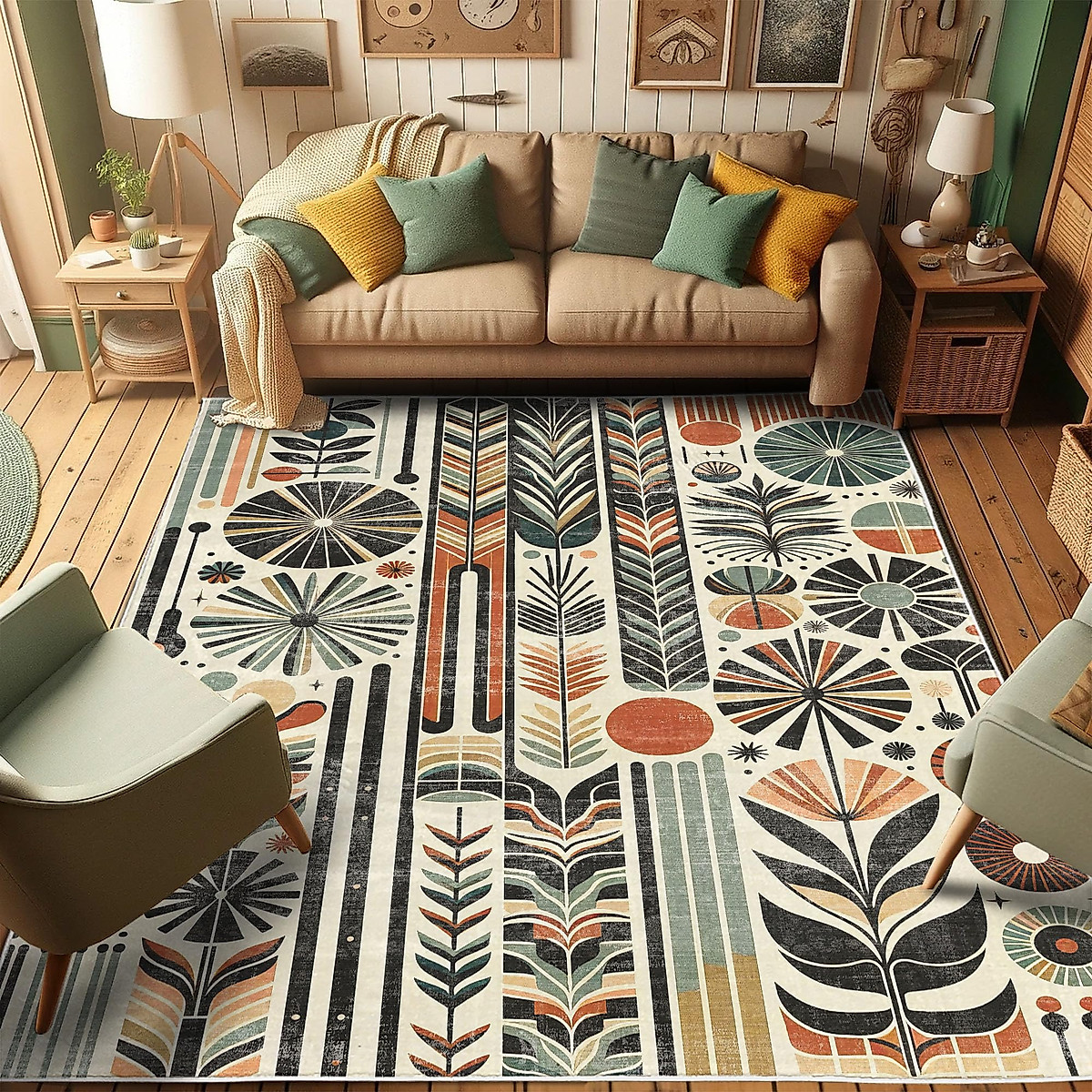 Ambesonne Bohemian Decorative Rug, Retro Mid Century Inspired Abstract Patterns on Ivory Background, Quality Carpet for Bedroom Dorm and Living Room, 4' X 5' 5", Dark Orange and Reseda Green