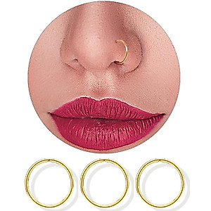 14K Gold Nose Rings Hoops for Women 22 Gauge, Small Thin Nose Piercing Jewelry (Gold, 3pcs 8mm 22g)