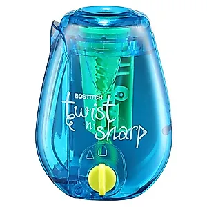 Bostitch Twist-n-Sharp Pencil Sharpener, for Kids & Colored Pencils, Assorted Colors (PS1-ADJ)