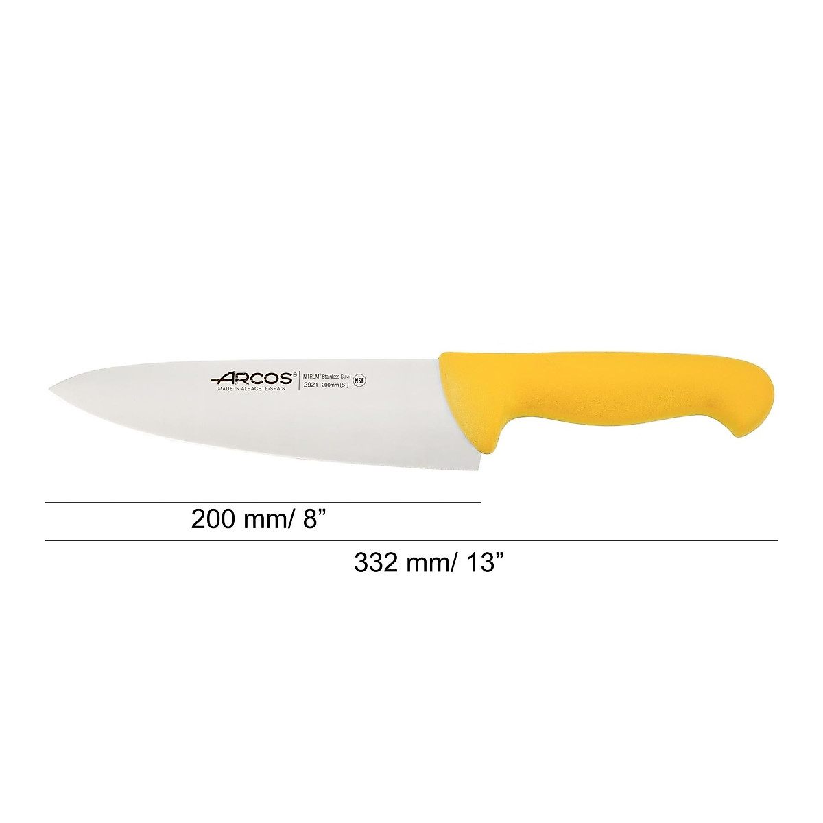 ARCOS Chef Knife 8 Inch Nitrum Stainless Steel and 200 mm blade. Professional Multipurpose Cooking Knife. Ergonomic Polypropylene Handle. Series 2900. Color Yellow