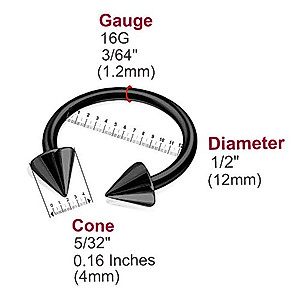bodyjewellery 8pcs 16g Horseshoe Ring Circular Barbell Cartilage Hoop Septum Nose Lip Eyebrow Spider Bite Tragus Black Spike Ear - 12mm