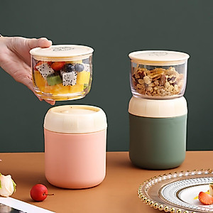 Eorbow 2 Pack Insulated Yogurt Container, 24oz Breakfast On the Go Cup with Plastic Topping Cereal Oatmeal Cup, 2-in-1 Food Storage Jar with Lid and Spoon, Overnight Oats Container for Soup Lunch