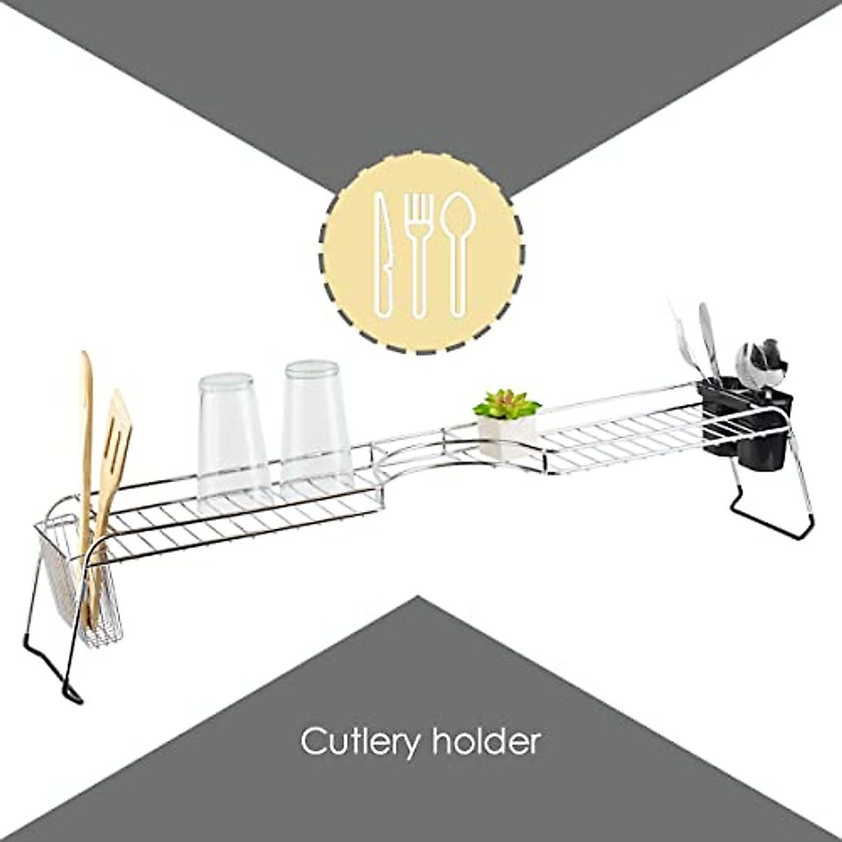 Home Basics Over Sink Shelf, (Chrome) Steel Over The Kitchen Sink Organizer for Soap, Sponges, Scrubbers, and More | with Cutlery Holder