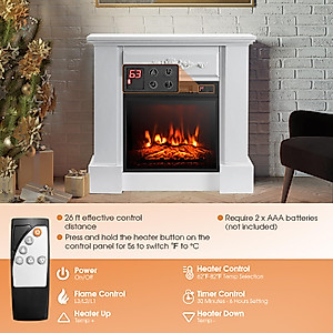 Tangkula 1400W 32 Inches Electric Fireplace with Mantel, Freestanding Fireplace Heater with 3D Flame Effect, Remote Control, Thermostat, 6H Timer, Overheat Protection (White)