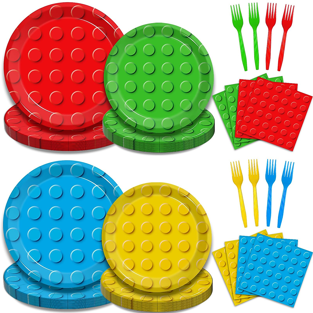96 Pcs Building Block Party Supplies, Building Bricks Party Plates and Napkins Set Boys Girls Building Block Themed Party Dinnerware for Kids Baby Shower Birthday Party Decorations, Serves 24