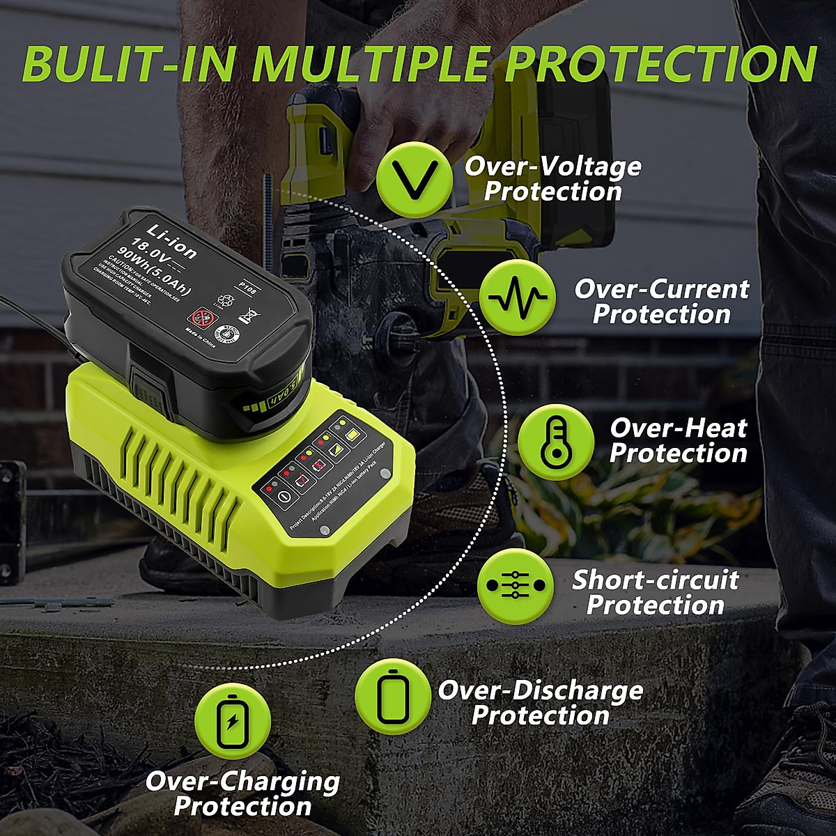 2Pack 6.0Ah Replacement for Ryobi 18V Battery and Charger Combo Replacement for Ryobi 18V Lithium P102 P103 P104 P105 P107 P109 P108 P190 P122 Cordless Tools Battery and P117 Charger