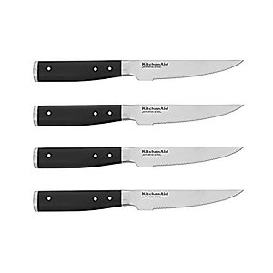 KitchenAid Gourmet 4 Piece Forged Triple Rivet Steak Knife Set, High Carbon Japanese Steel, Sharp Kitchen Knife Set, 4.5 inch, Black