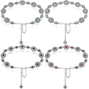 4 Pieces Women Turquoise Chain Belt Concho Belts Adjustable Western Metal Waist Chain Belt for Jeans Dresses