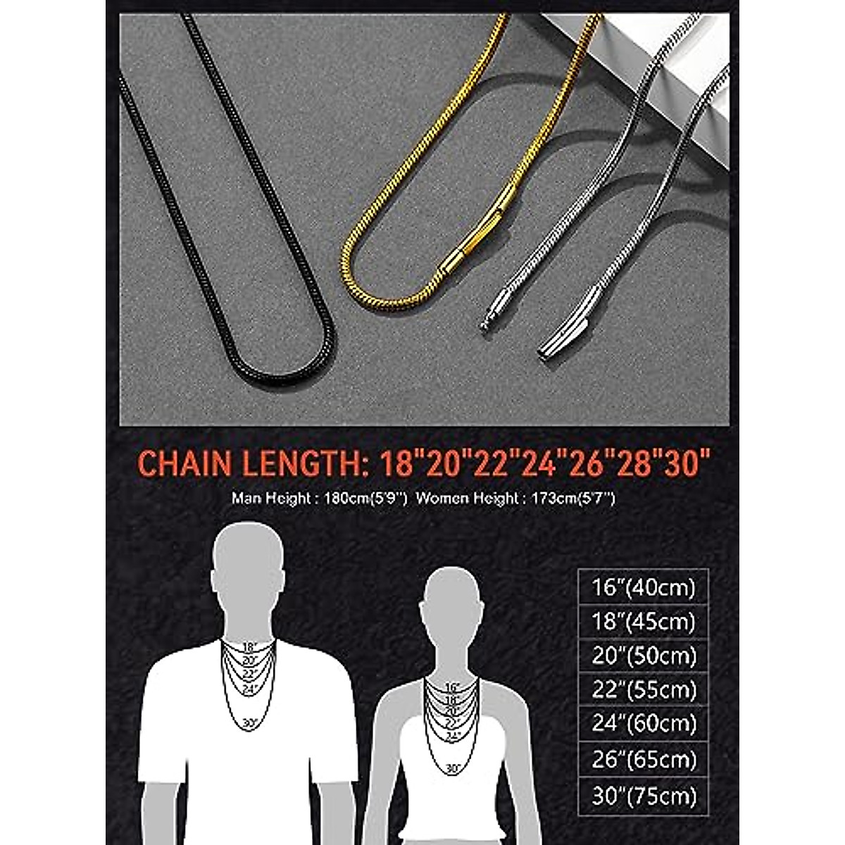 Gold Round Snake Chain Jewelry Women DIY Slim Chain Necklace Gold Plated 18 Inch 2MM Shiny Charms