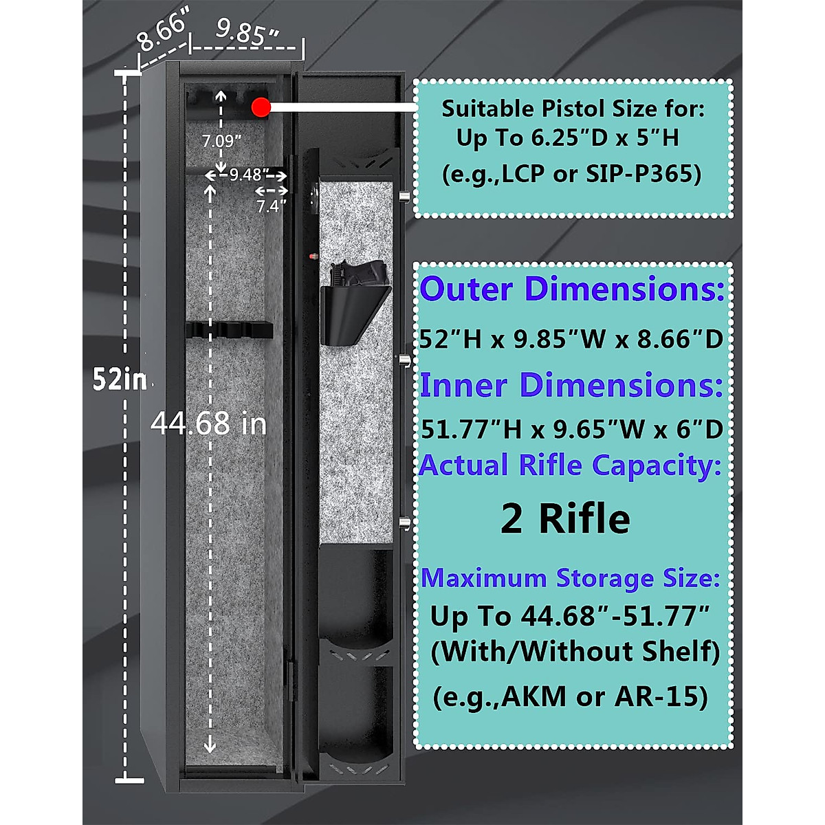 KAER Gun Safes Rifle Digital Quick Access Firearm Safe with 180-Degree Full Access Door and Removable Shelf for 2 Home Rifles with Pistols Rack