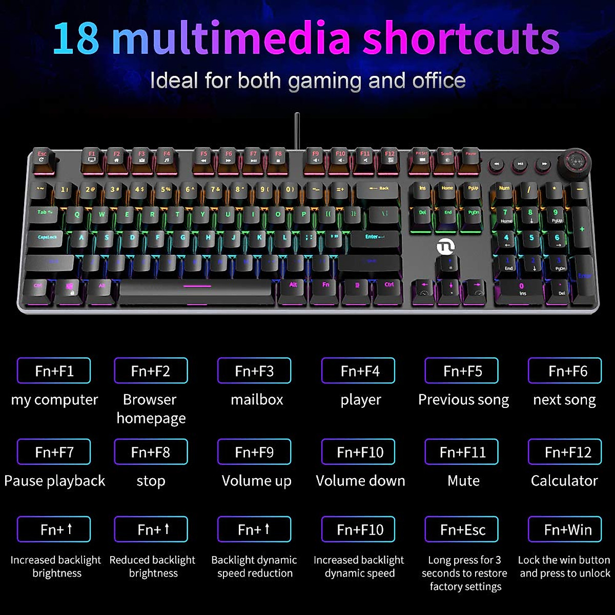 NINGMEI GK32 Mechanical Gaming Keyboard, USB Wired Programmable Keyboard Customizable Backlit RGB LED, 108 Keys Programmable Macro Functionality Anti-ghosting Mechanical Cushioned for PC MacBook pro