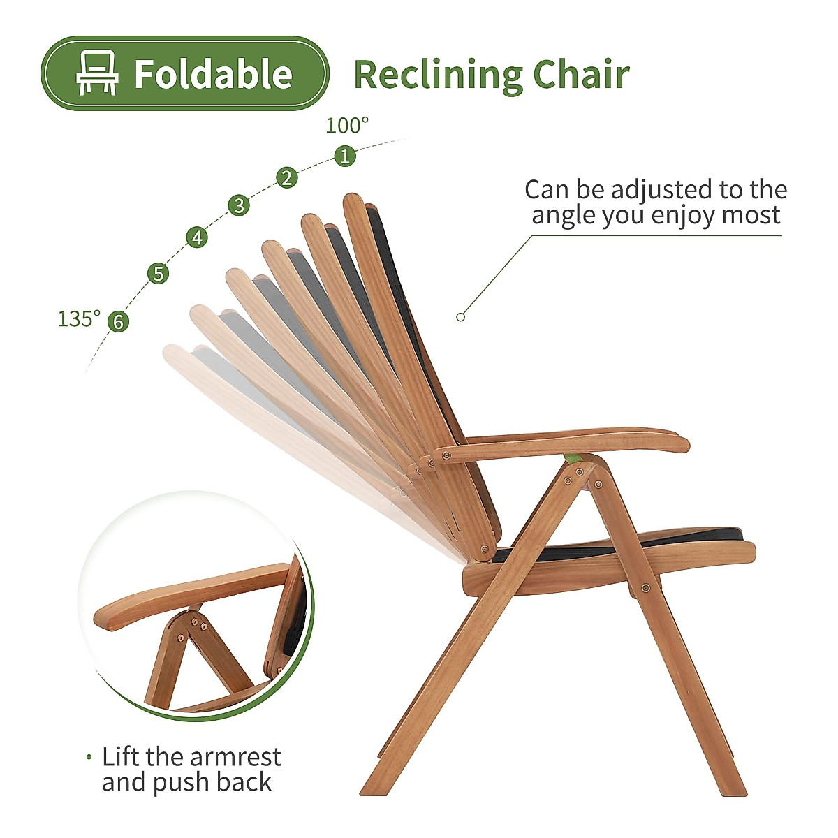 OC Orange-Casual Folding Patio Dining Chair Set of 2, Outdoor Acacia Wooden Rope Reclining Chair w/Armrest, FSC Certified Wood, for Porch, Backyard, Garden, Indoor, Black