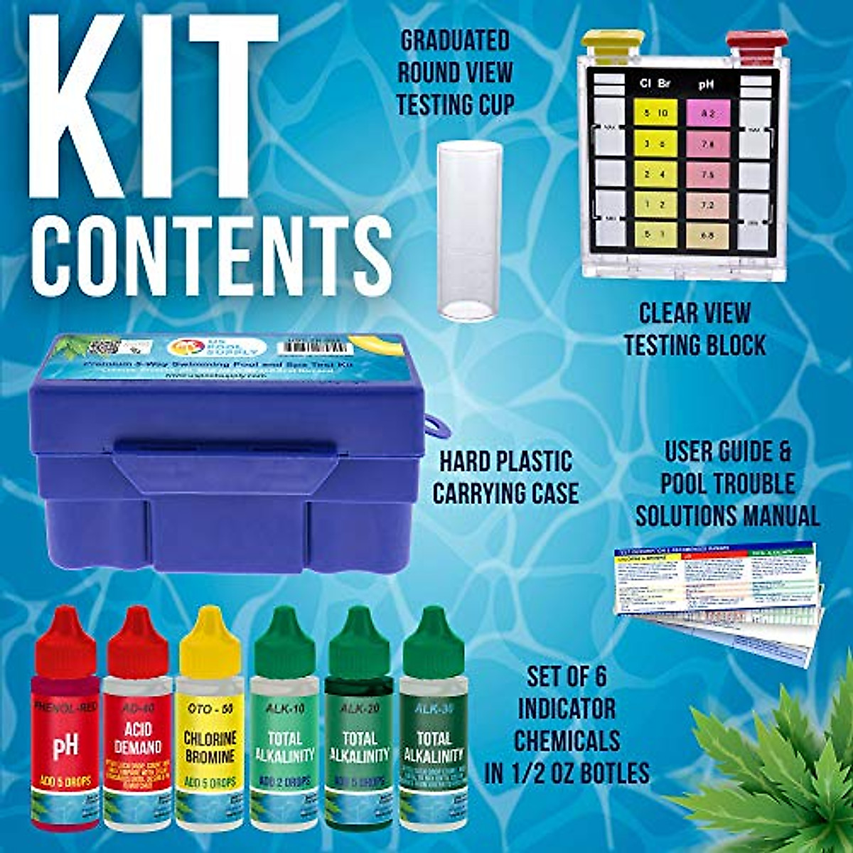 U.S. Pool Supply Premium 5-Way Swimming Pool & Spa Test Kit - Tests Water for pH, Chlorine, Bromine, Alkalinity and Acid Demand - Maintain Properly Balanced Chemical Levels, Algae Sanitizer Indicator