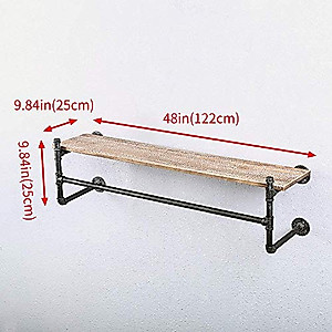 WJJ Industrial Pipe Clothing Rack Wall Mounted with Real Wood Shelf,Pipe Shelving Floating Shelves Wall Shelf,Rustic Retail Garment Rack Display Rack, 48in Steam Punk Commercial Clothes Racks