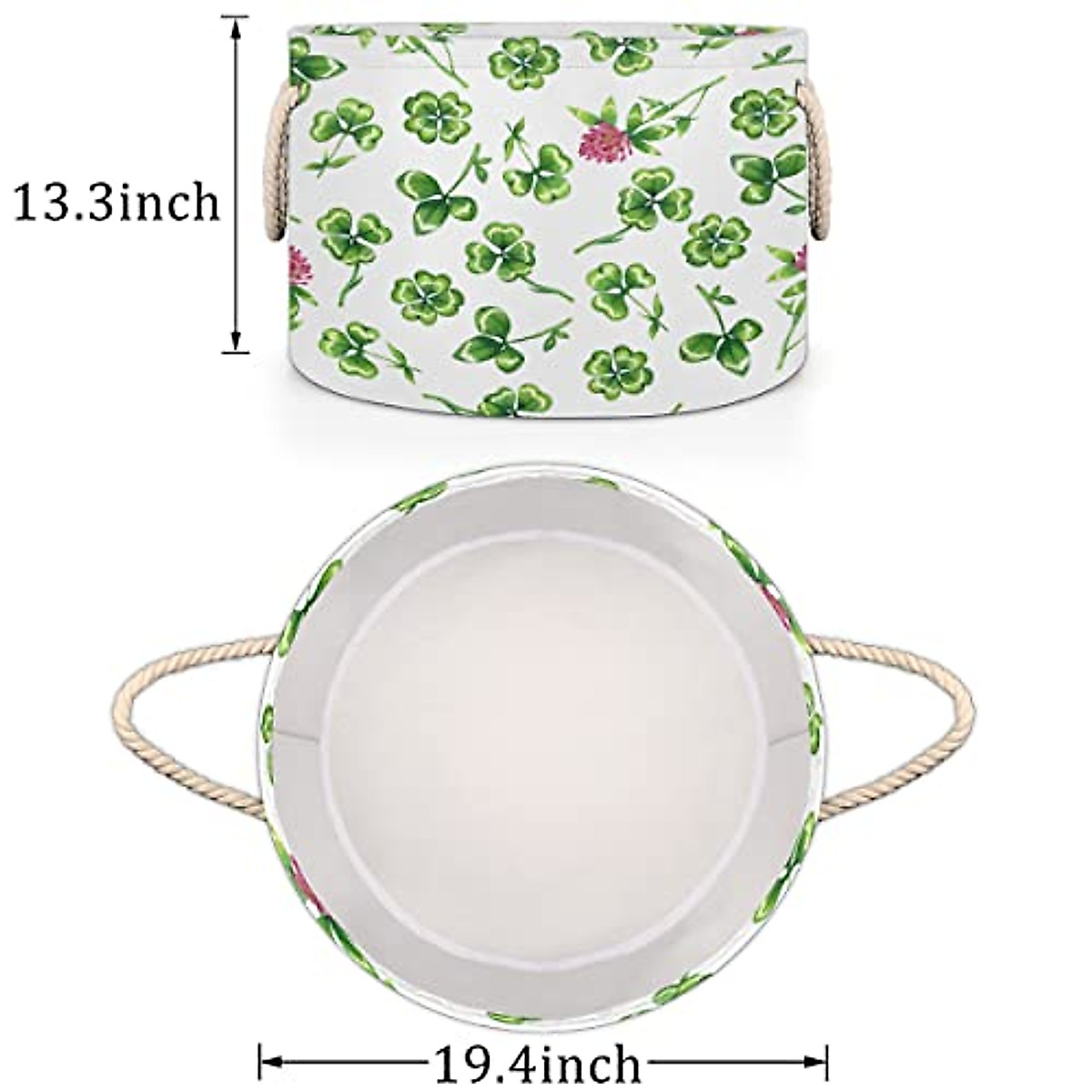 St. Patrick's Day Green Clover Leaves (06) Large Round Baskets for Storage Laundry Baskets with Handles Blanket Storage Basket for Bathroom Shelves Bins for Organizing Nursery Hamper Girl Boy
