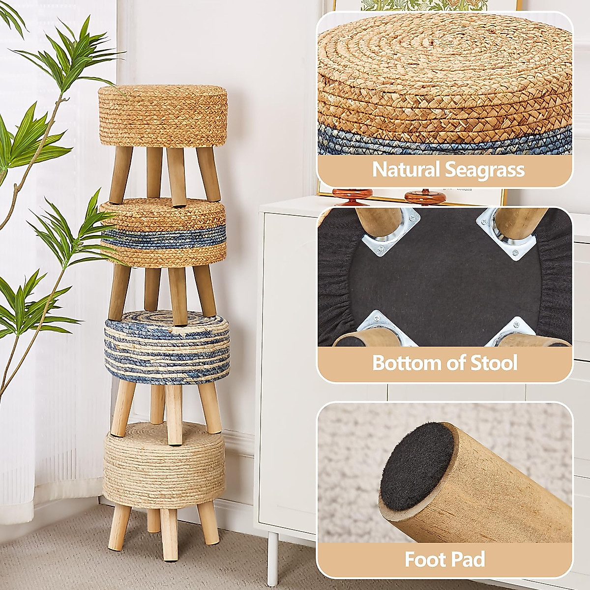 Cpintltr Round Ottoman Natural Seagrass Footstool Hand Weave Water Hyacinth Poufs Eco Friendly Sofa Foot Stool Soft Step Stool Padded Foot Rest with Pine Legs for Living Room Bedroom Blue