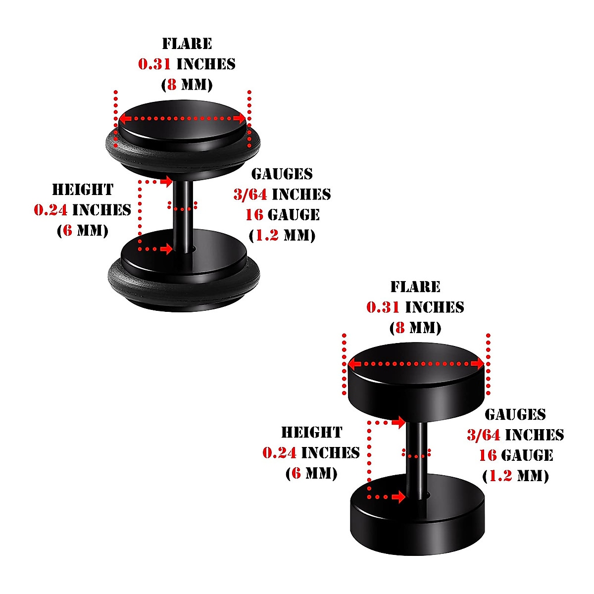 BIG GAUGES 2 Pairs Surgical Steel Black Anodized O-Rings 16gauges 1.2 mm Zero Gauge 8mm Fake Plugs Illusion Piercing Jewelry Lobe BG4478