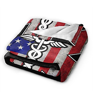 Rqwaaed EMS Star of Life EMT Paramedic Medic American Flag Throw Blankets Cozy Warm Lightweight Flannel Blanket for Sofa Bed Men and Women