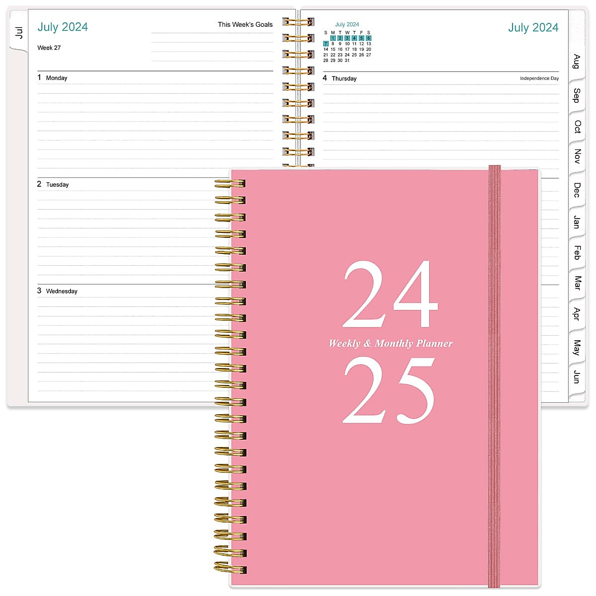 2024-2025 Planner - Weekly & Monthly Planner Spiral Bound, Planner 2024-2025 from July 2024 - June 2025 with Monthly Tabs, Inner Pocke, 6.4" x 8.5", Pink