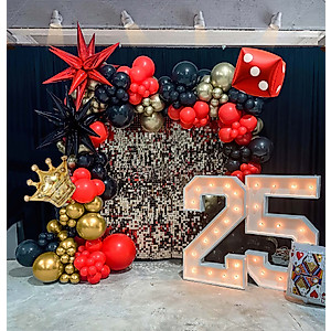 Casino Theme Red and Black Gold balloon garland arch kit With Starburst Dice Crown balloons for casino royale Birthday Las Vegas night hollywood theme party decorations