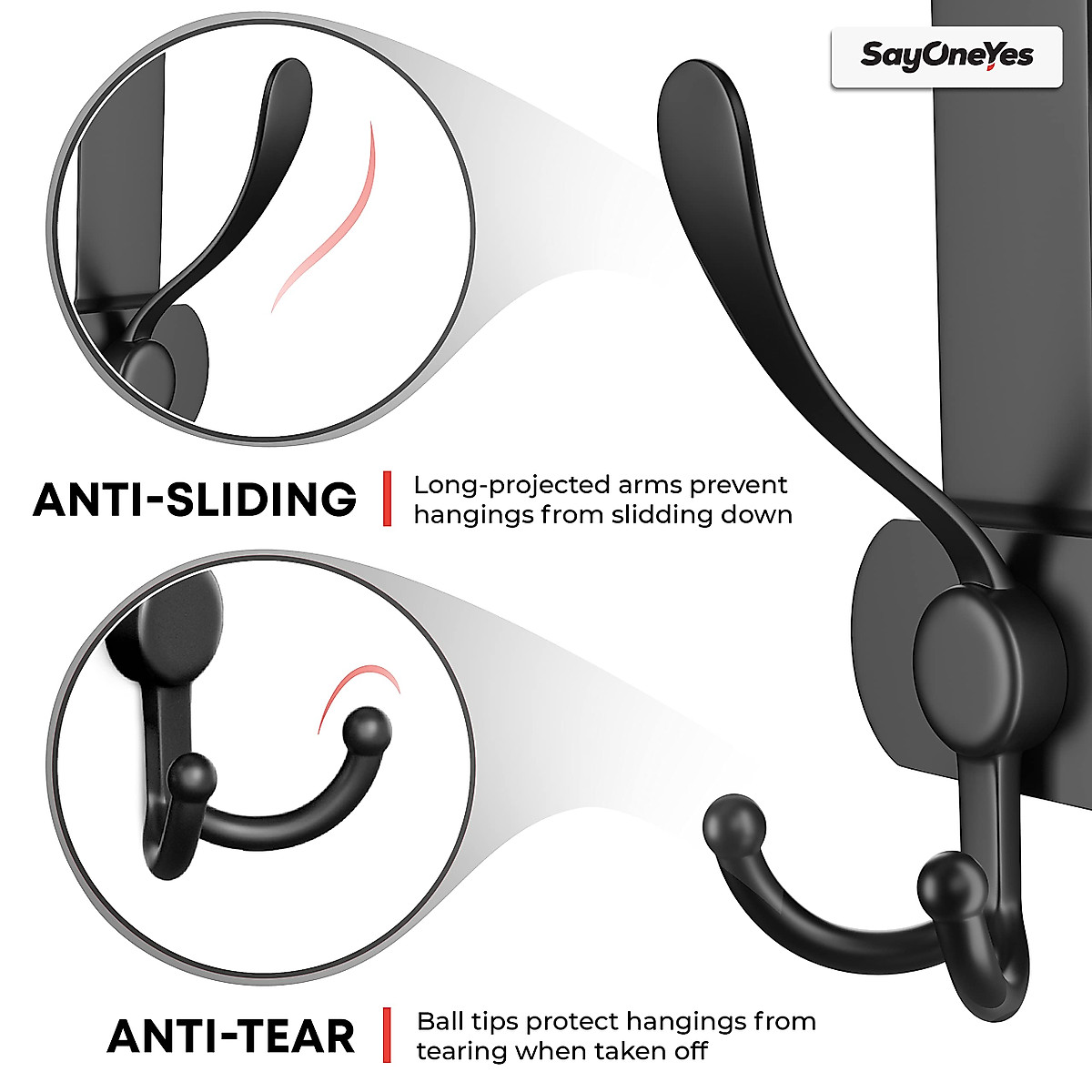 SAYONEYES Matte Black Over The Door Hooks - Heavy Duty Stainless Steel Door Hanger Holder with 5 Tri Hooks for Hanging Coat Robe Hat Bag Towel Rack Bathroom, Bedroom, Closet – 1 Pack