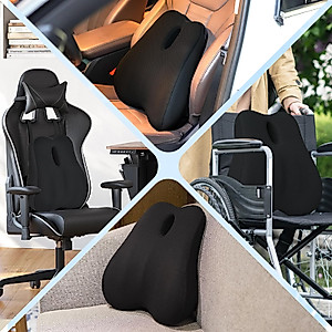 Lumbar Support Pillow for Office Chair, Cooling Memory Foam Pillow for Back Pain Relief, Ergonomic Back Support Pillow with Dual Extension Straps for Car, Couch, Recliner, Gaming Chair, Black