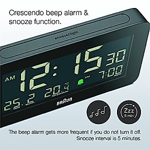 Braun Digital Alarm Clock with Date, Month and Temperature Displayed, Negative LCD Display, Quick Set, Crescendo Beep Alarm in Black, Model BC10B.