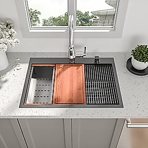 Beslend 28 Black Drop In Workstation Kitchen Sink - 28"x22"x10" Gunmetal Black Stainless Steel Topmount 16 Gauge 10 Inch Deep Sink