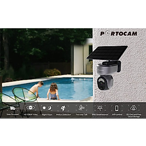 PORTOCAM Security Camera Outdoor, Pan Tilt 360°View Solar Battery Powered Rechargeable Wireless Spotlight Security System, 1080P Full-Color Night Vision, 2-Way Talk, Motion Detection, and Cloud S30