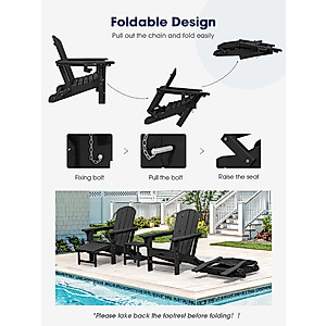 KINGYES Folding Adjustable Adirondack Chair with Retractable Ottoman Set of 4, HDPE All Weather Chair with Cup Holder - Versatile Adirondack Chair, Black