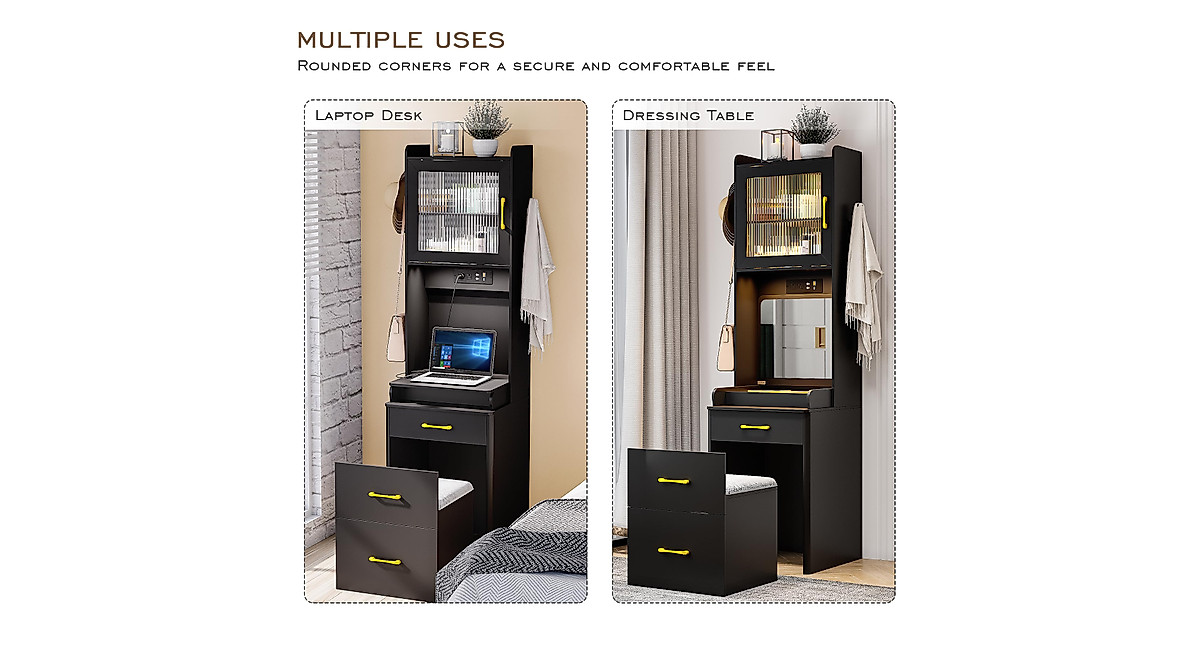 JDPAG 3-in-1 Vanity Desk with Mirror & Lights for Small Spaces