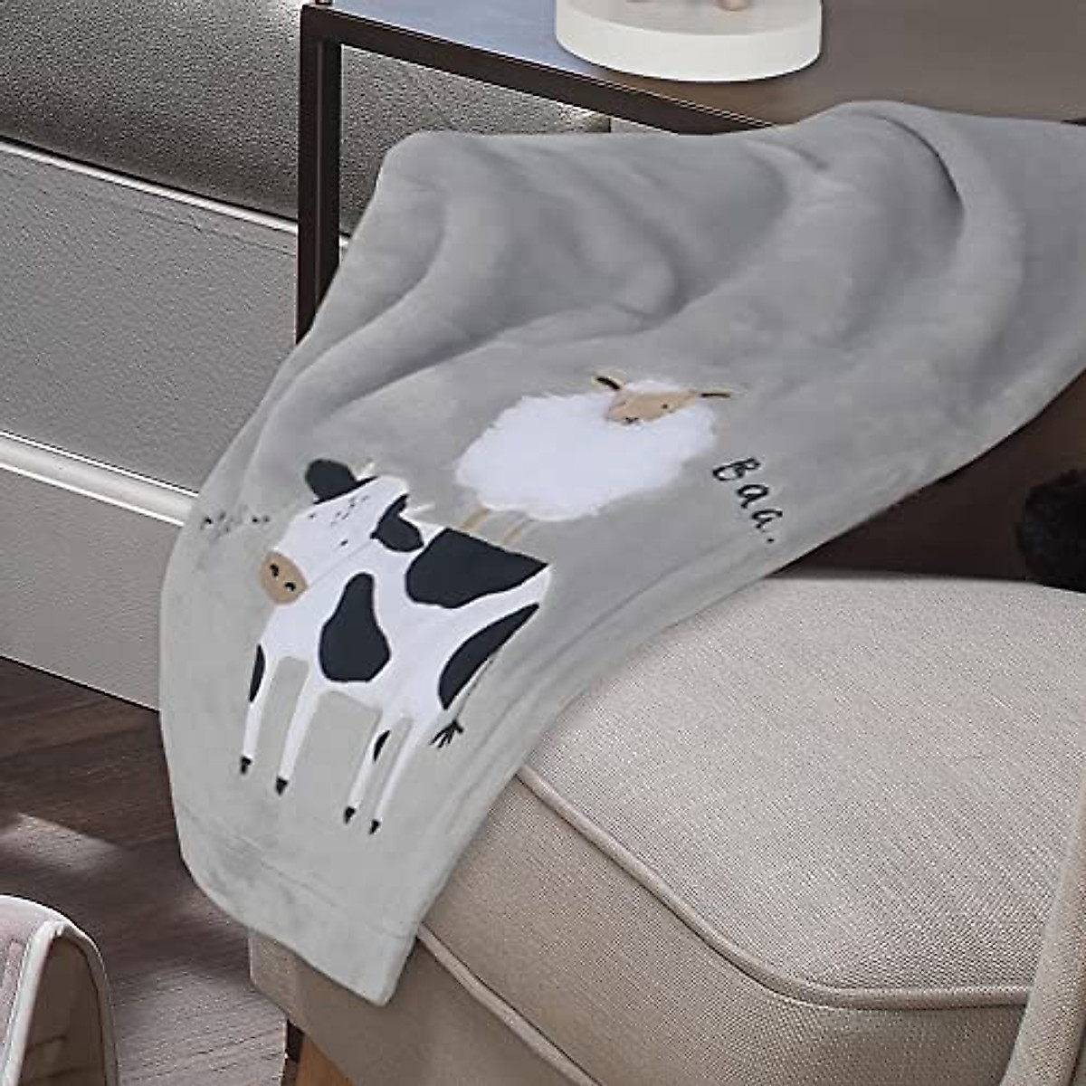 Lambs & Ivy Baby Farm Cow/Sheep Appliqued Gray Luxury Fleece Baby Blanket