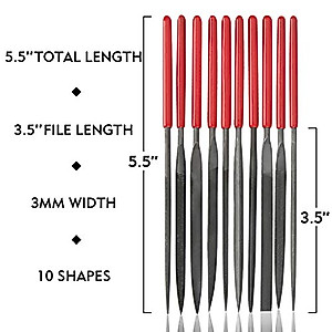 10Pcs Needle File Set Hardened Alloy Strength Steel Files- Mini Needle File Set Includes Round, Tapered Round, Half Round, Barrette, Crossing, Knife, Equaling, Warding, Square, and Three Square