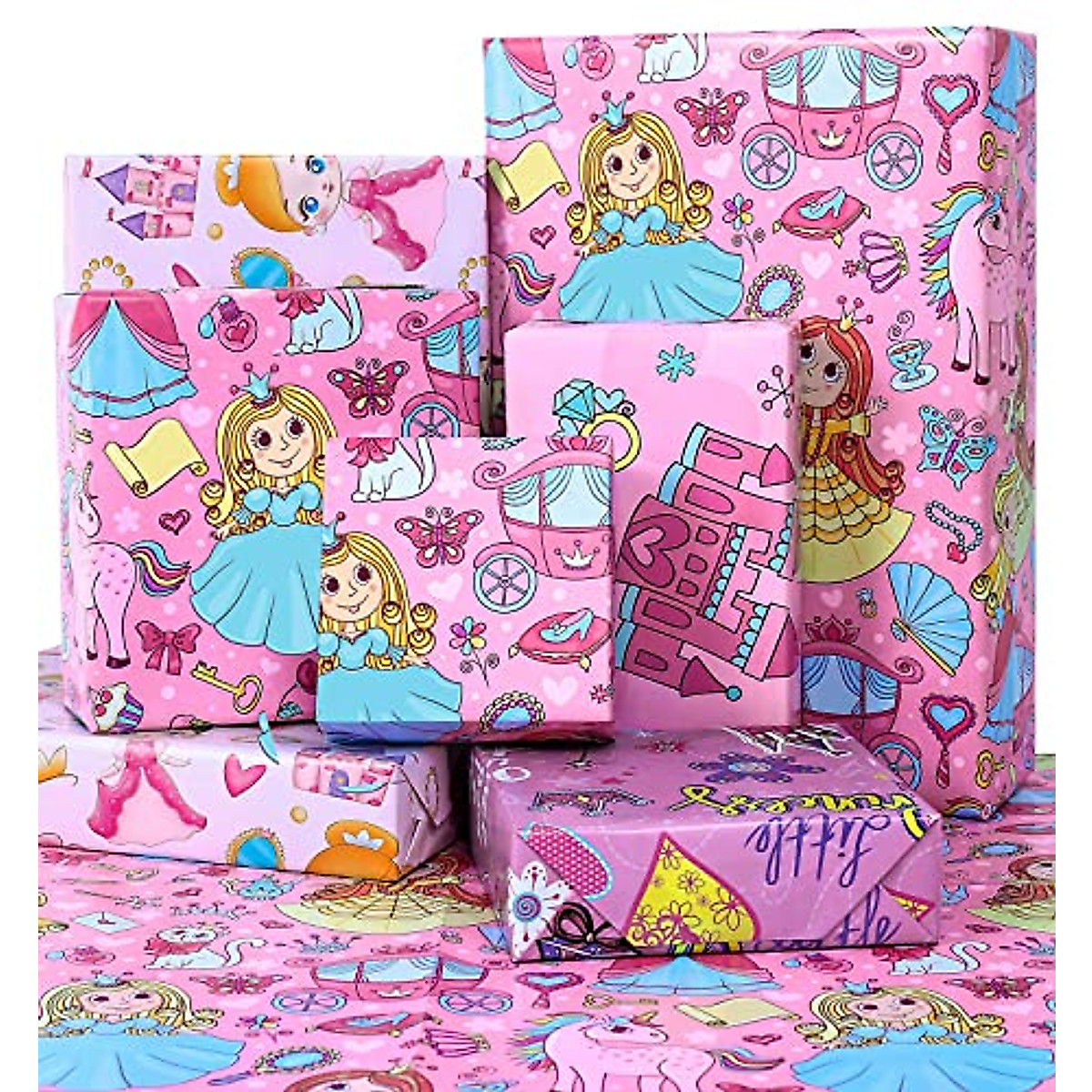 U'COVER Gift Wrapping Paper Happy Birthday Princess Theme Wrapping Paper Pack of 20 Sheets