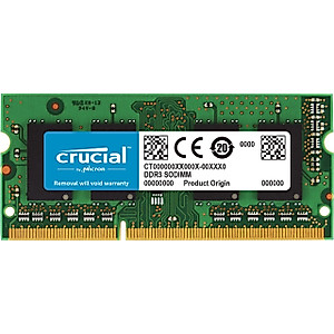 Crucial 2GB Single DDR3/DDR3L 1600 MT/S (PC3-12800) Unbuffered SODIMM 204-Pin Memory - CT25664BF160B
