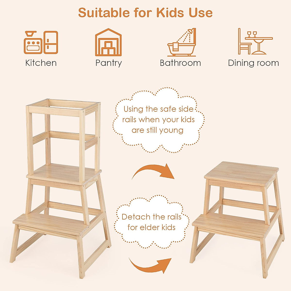 HONEY JOY Kids Kitchen Step Stool with Safety Rail, Wooden Montessori Standing Tower for Counter Bathroom Sink, Non-Slip Mat, Children Learning Stepping Stool for Toddlers 18+ Month