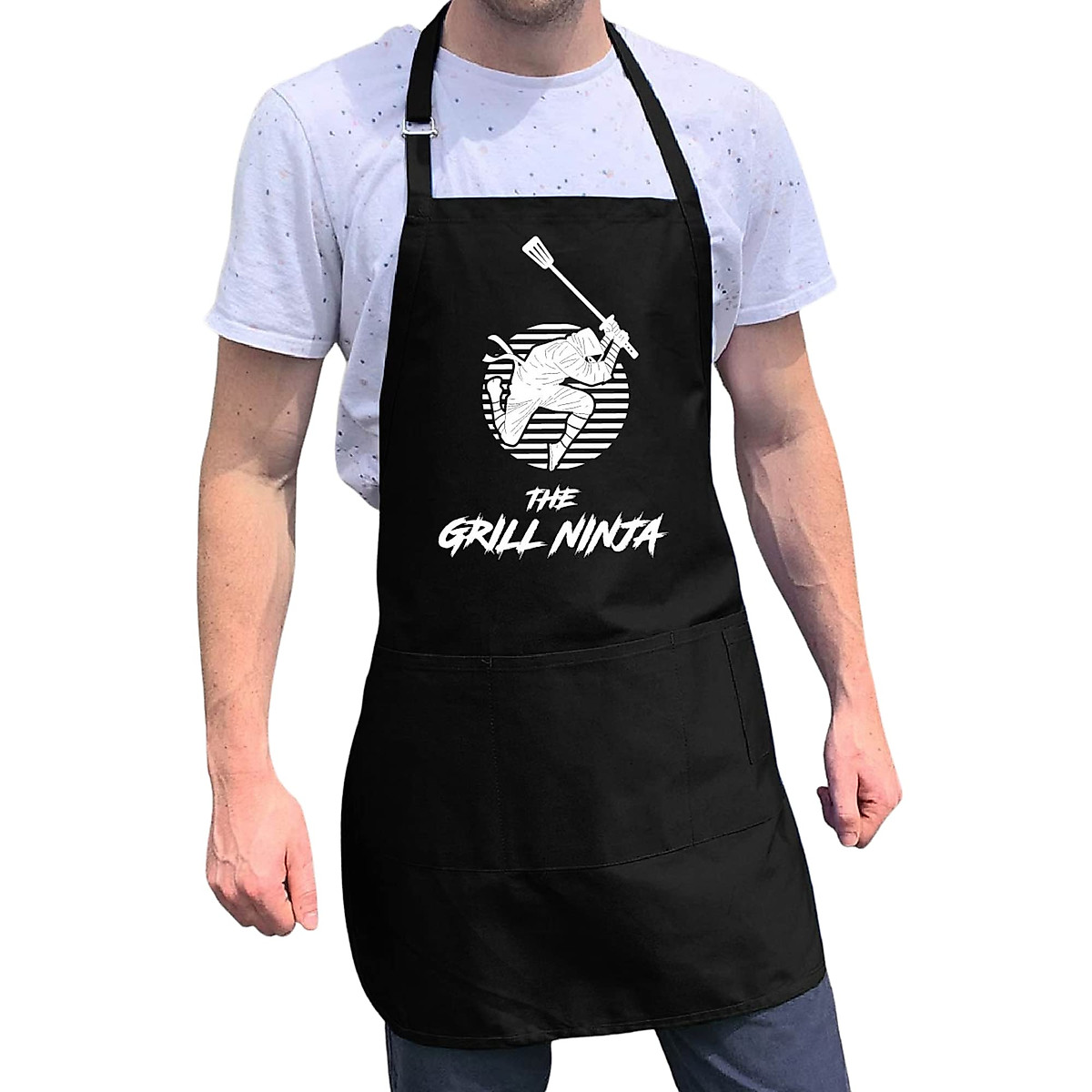ApronMen, The Grill Ninja BBQ Grilling Funny Aprons For Men With Adjustable Straps One Size Fits All Cooking Aprons With Pockets - Professionally Printed Gifts For Dad