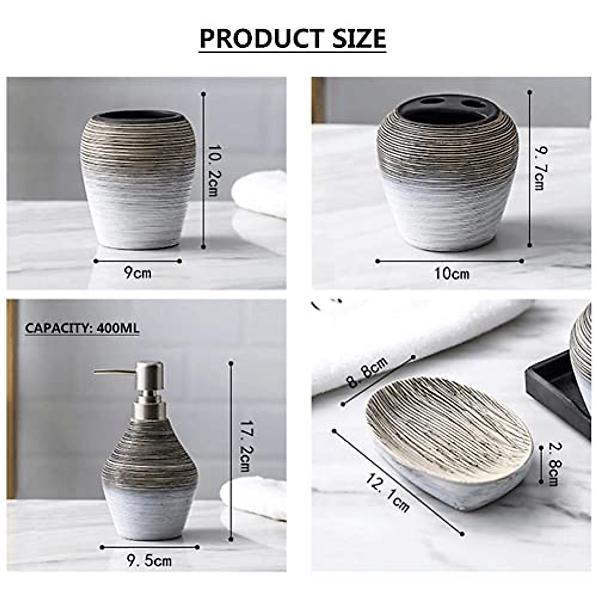 ACGrade Bathroom accessories 5-piece set, , ceramic countertop, , soap dispenser, dish, bottle, toothbrush holder, Gray