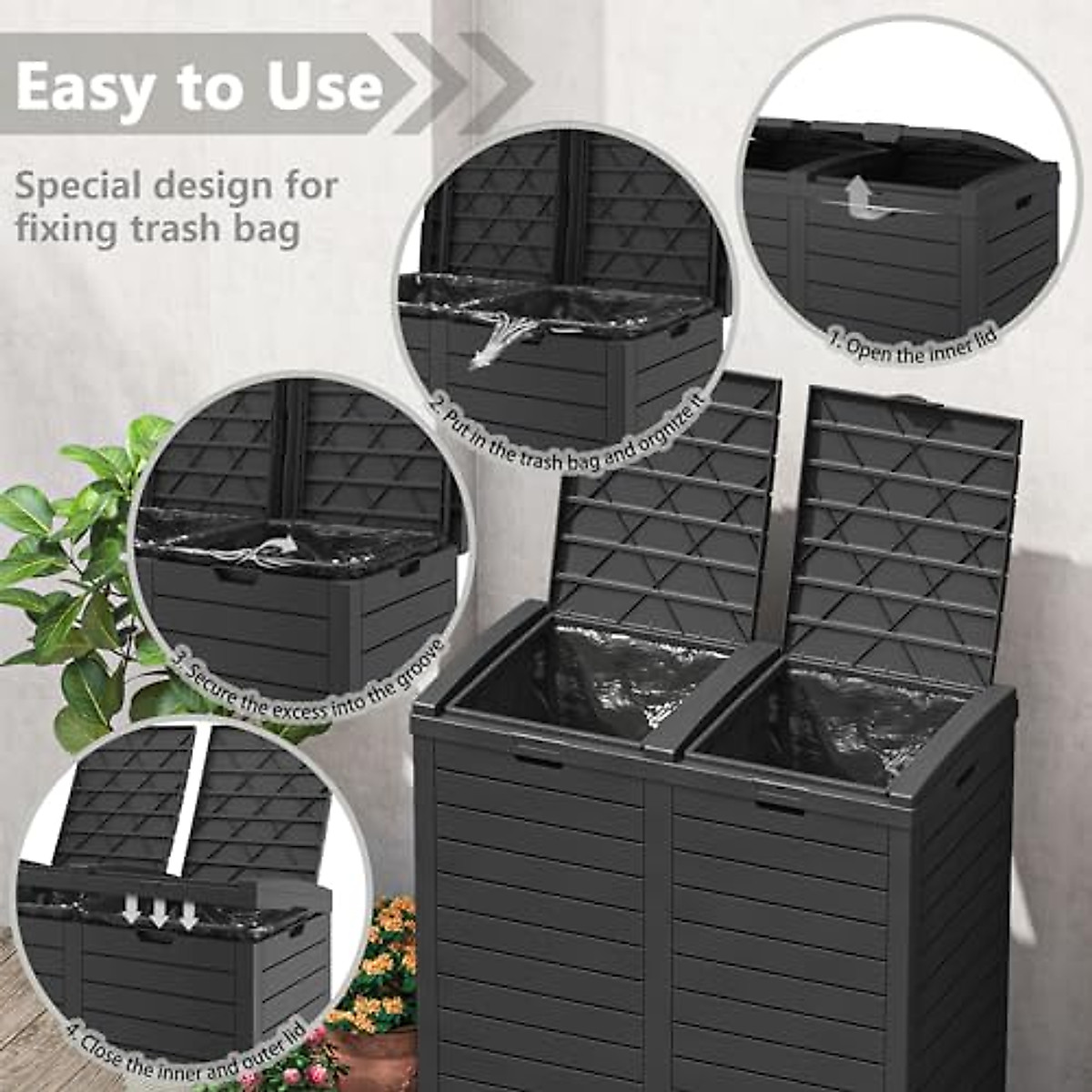 62 Gallon Kitchen Trash Can, Waterproof Garbage Can with Tiered Lid and Drip Tray, Resin Outside Trash Bin for Patio, Backyard, Deck