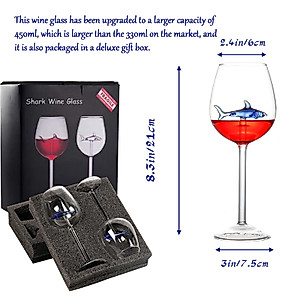 Shark Wine Glass with Shark Inside, Unique 3D Blue Colored Shark Wine Glasses (Set of 2), Personalized Shark in Red Wine Cups, Modern Shark Lover Gifts for Women Party Birthday Wedding (Goblet)