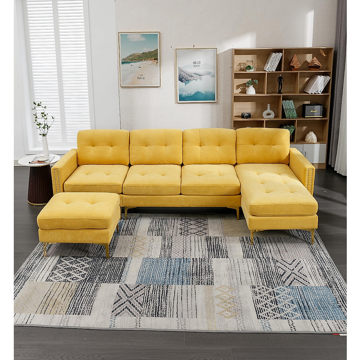 EMKK Corner 110" Convertible Sectional Couch Furniture, 5 Seat Sofa for Living Room L/U Shaped Modern Fabric UpholsteredModular Sofá Sleeper with Double Chaise & Memory Foam & Movable Ottoman, Yellow