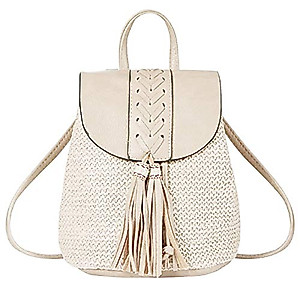 Fashion Women Girls Mini Travel Backpack Woven Straw Backpack Straw Crossbody Shoulder Bag (Large Size + Yellow)