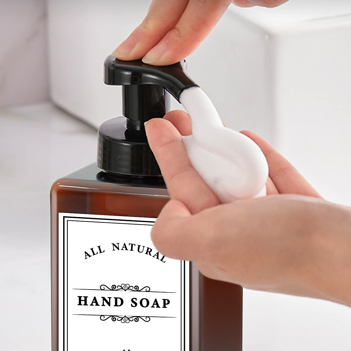 Foaming Soap Dispenser, 2 Pack Plastic Refillable Foaming Hand Soap Dispenser with 10 Pcs Waterproof Labels, 450ml (15oz) Foam Pump Bottle for Bathroom and Kitchen (Amber)