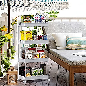 SPACEKEEPER Storage Cart, 4-Tier Mobile Shelving Unit, Bathroom Rolling Cart Utility Storage Organizer Shelf for Kitchen Living Room Bathroom Laundry Room & Dressers, Gray