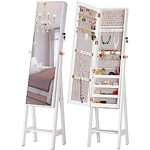 LUXFURNI Mirror Jewelry Cabinet Armoire with 3-Way Mount, Standing, Wall or Door Mounted, Jewelry Organizer with Full-Length Mirror, Lockable, Large Storage, White