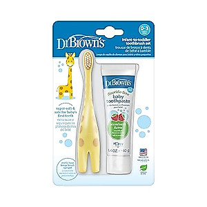 Dr. Brown's Infant-to-Toddler Training Toothbrush Set with Fluoride-Free Baby Toothpaste, Strawberry - Giraffe - 1.4oz - 0-3 years